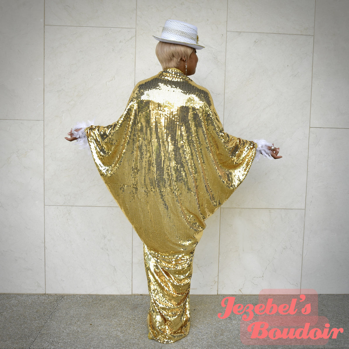 Golden Sequin Bat Wing Gown, Cocoon Dressing Robe, White Feather Fring ...
