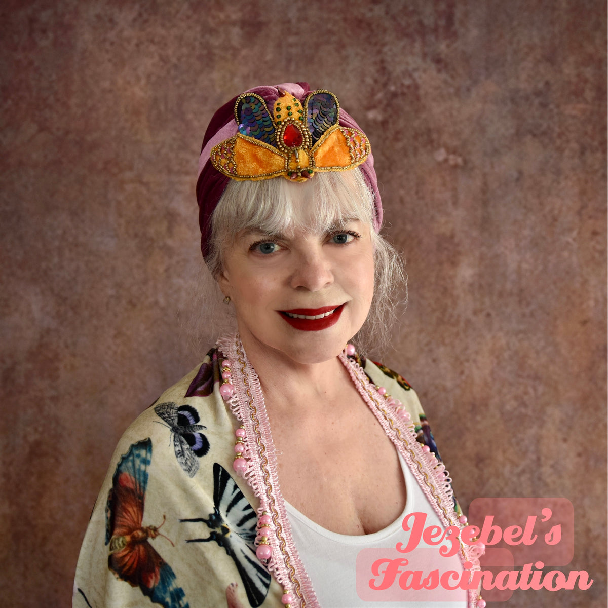 Mauve Pink Velvet Moth Flapper Turban, Mystical Fortune Teller Empress ...